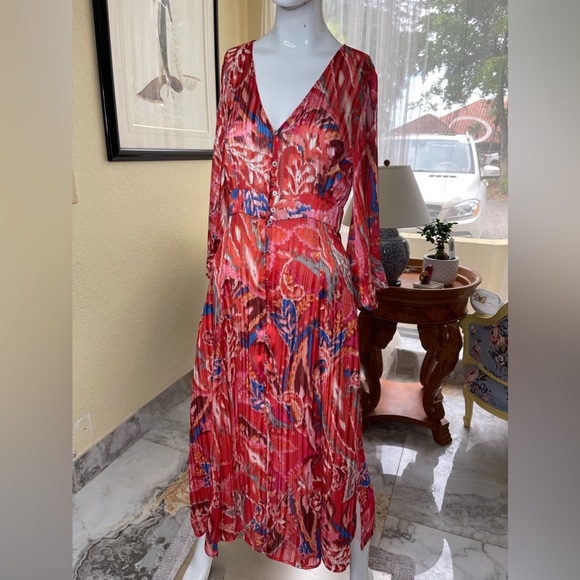 Zara | Dresses | Zara Red Floral Paisley Small Maxi Dress Button Front ...
